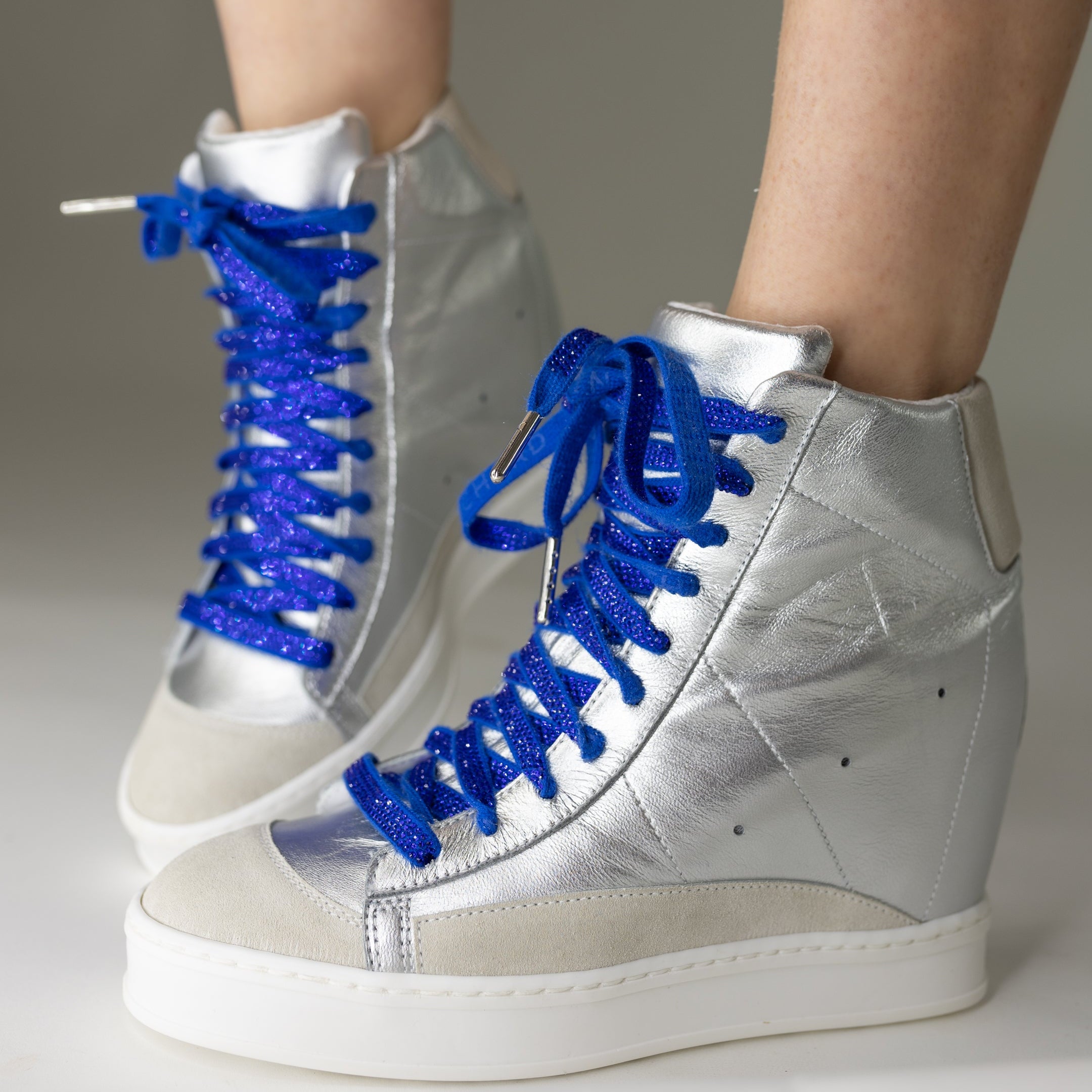 Fearless Silver With Flash Blue Crystal Logo Laces High Top Wedge Snea ...