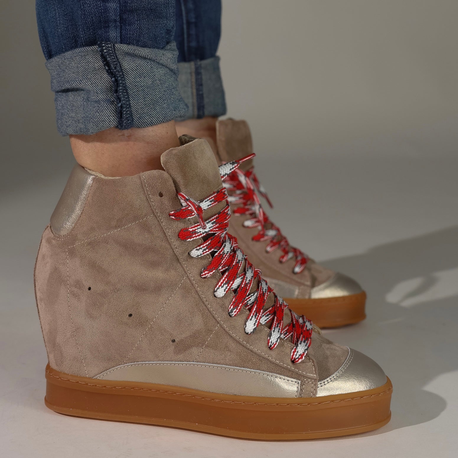 Fearless Wedge Sneaker: Taupe Suede with Red Hiking Laces – CynthiaRichard