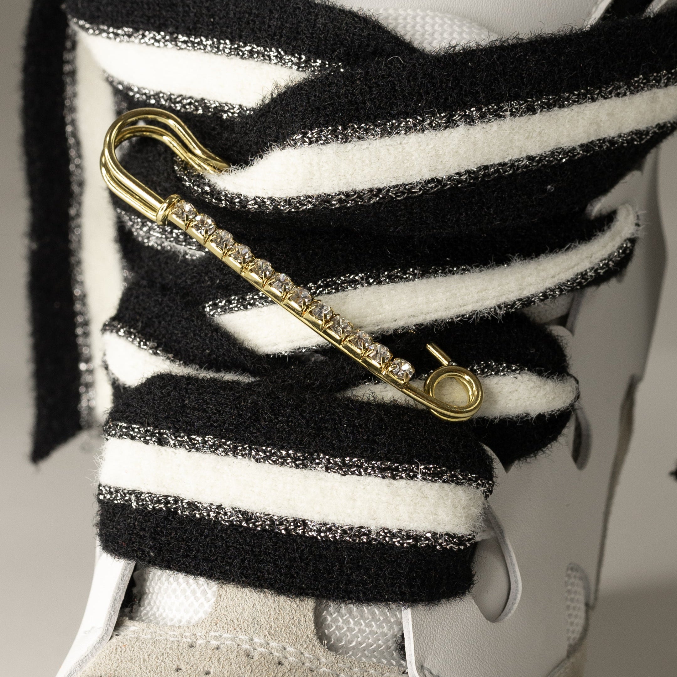 Courageous White/Black Coco Laces and Gold Crystal Encrusted Pin ( Lac ...