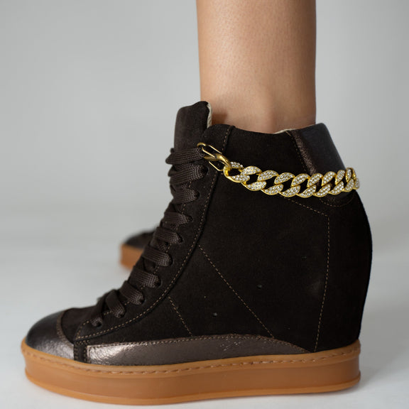 Fearless Choclate Suede High Top Wedge Sneaker with Gold Flier Chains ...