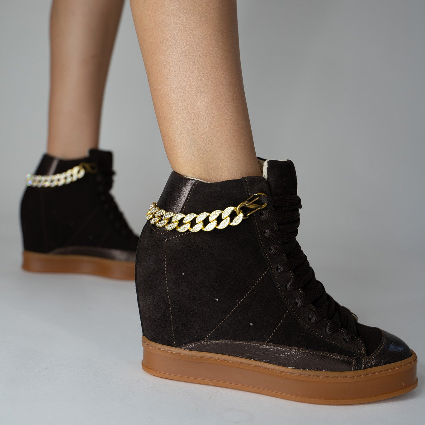 Fearless Choclate Suede High Top Wedge Sneaker with Gold Flier Chains ...